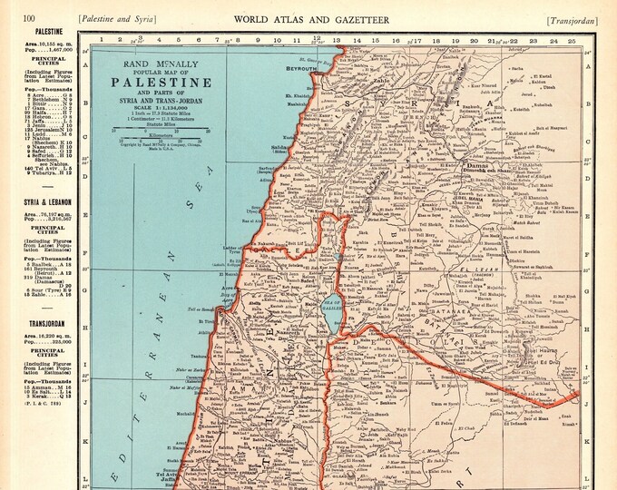 1942 Vintage PALESTINE Map Antique Map of Palestine Syria Trans-jordan ...