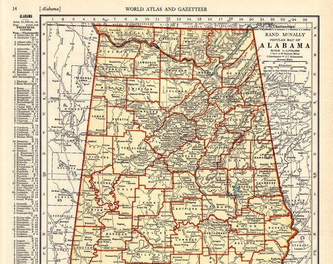 1937 Vintage ALABAMA Map Antique Alabama State Map Gallery Wall Decor ...
