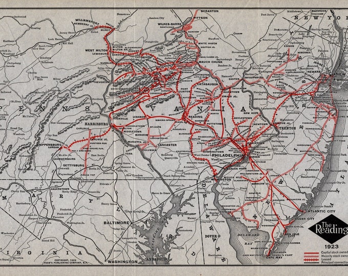 1923 Antique READING RAILWAY Map Central Railroad of New - Etsy