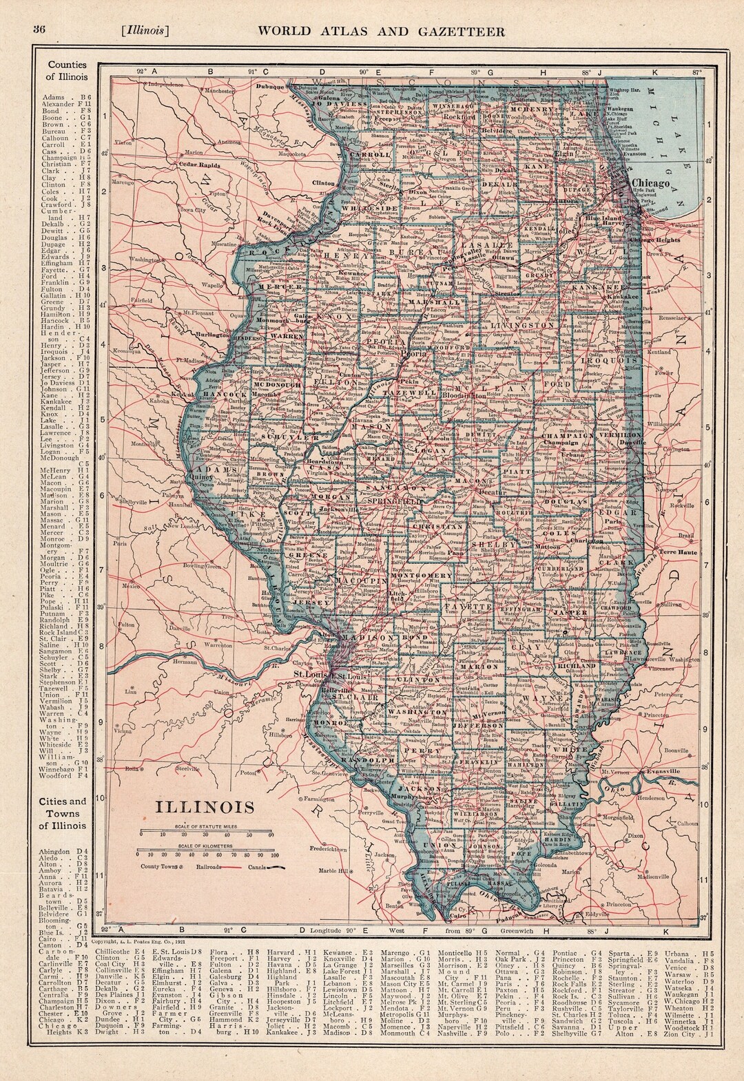 1921 Antique Illinois State Map Atlas Map of Illinois Gallery Wall ...