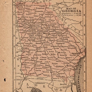 Tiny GEORGIA State Map 1888 Antique Miniature Map of Georgia Home Decor ...