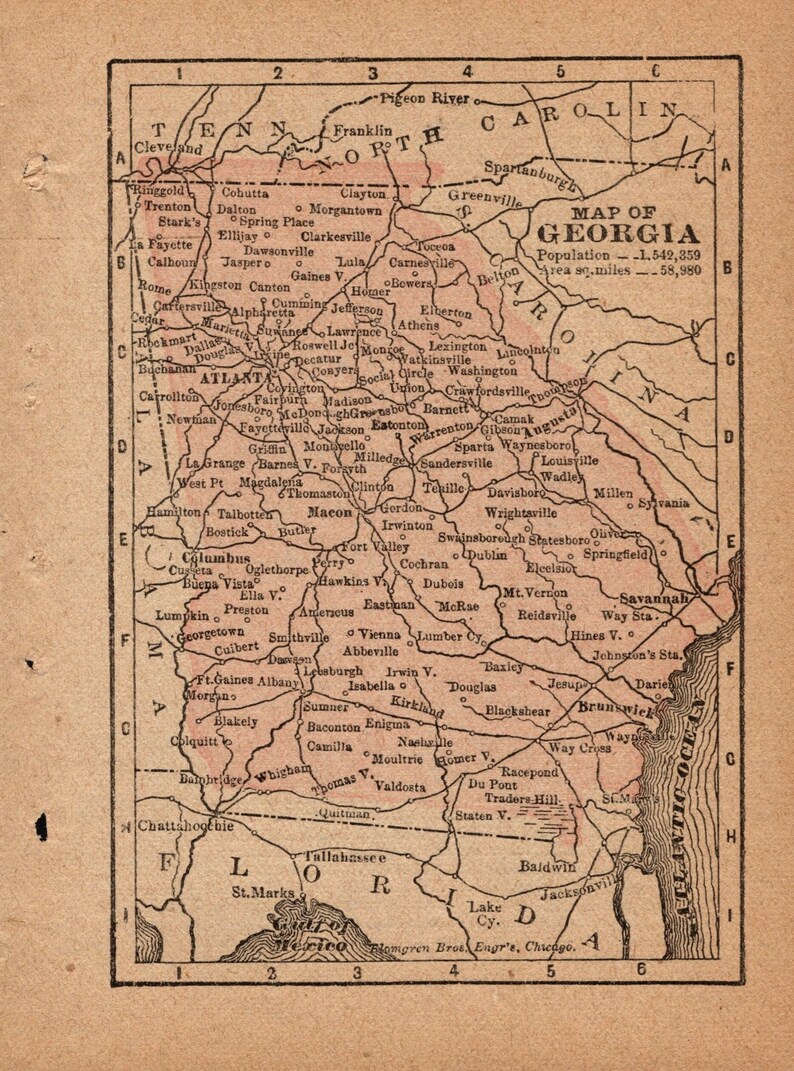 Tiny GEORGIA State Map 1888 Antique Miniature Map of Georgia - Etsy