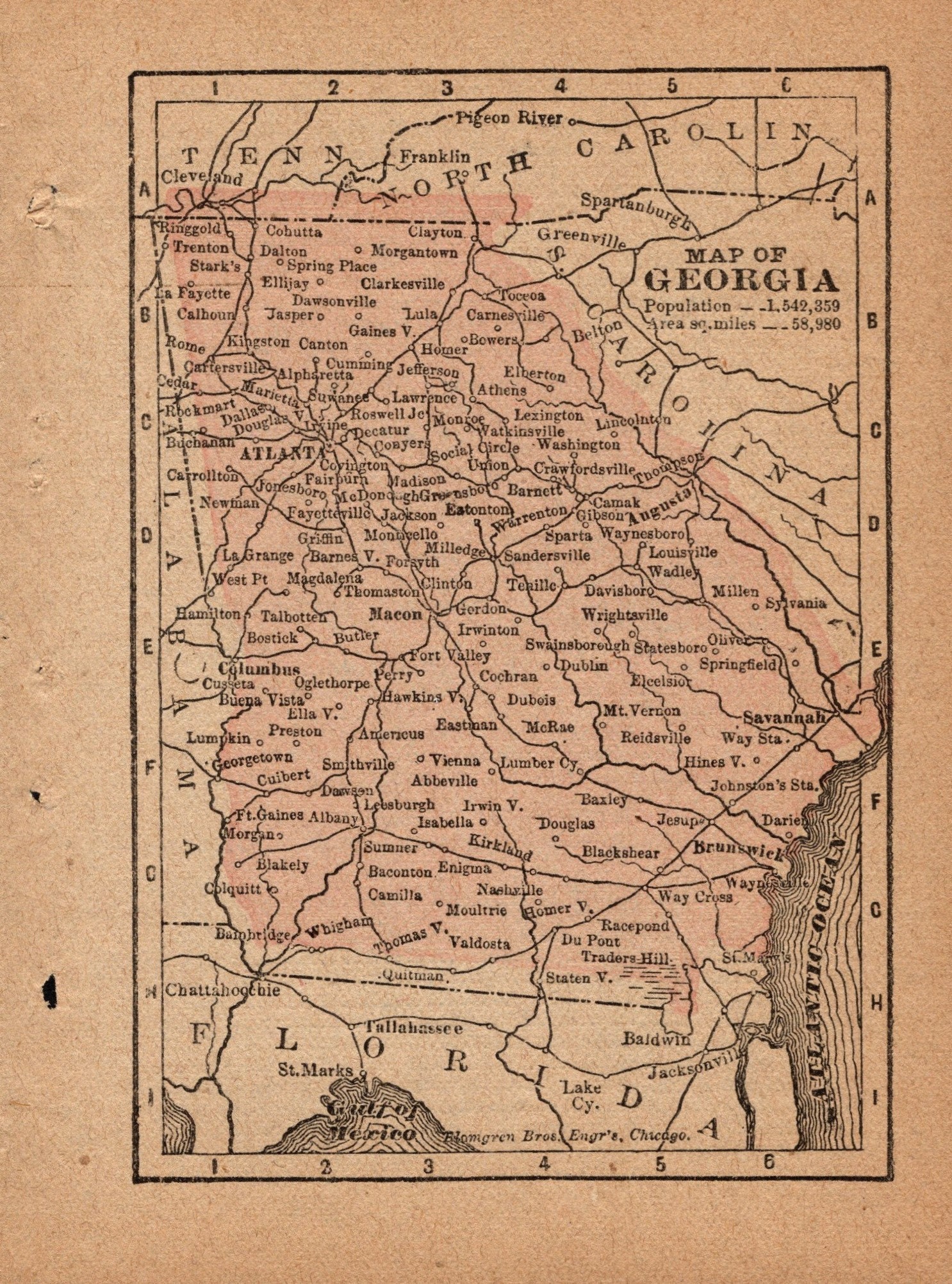 Tiny GEORGIA State Map 1888 Antique Miniature Map of Georgia - Etsy
