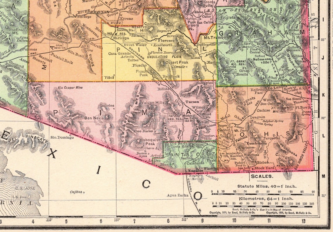 1898 Antique ARIZONA State Map Vintage Map of Arizona Gallery - Etsy