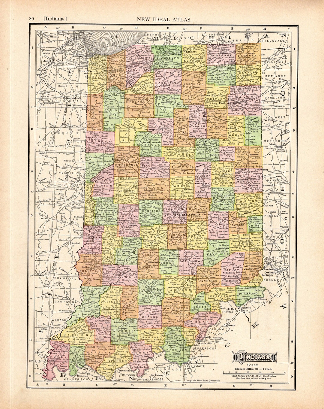 1909 Antique Indiana State Map Atlas Map of Indiana Gallery Wall Decor ...