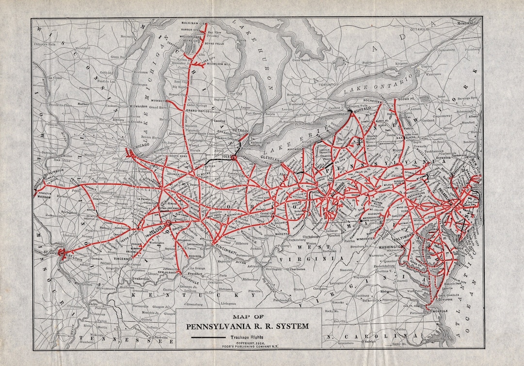 1924 Antique Pennsylvania Railroad Lines Map Vintage Railway Map ...