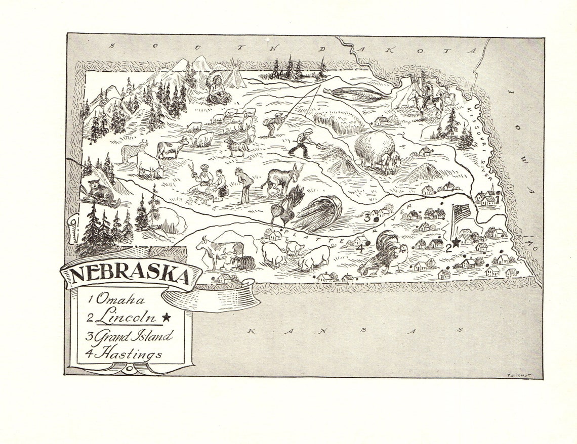 1950s Vintage NEBRASKA State Map Picture Cartoon Map of | Etsy