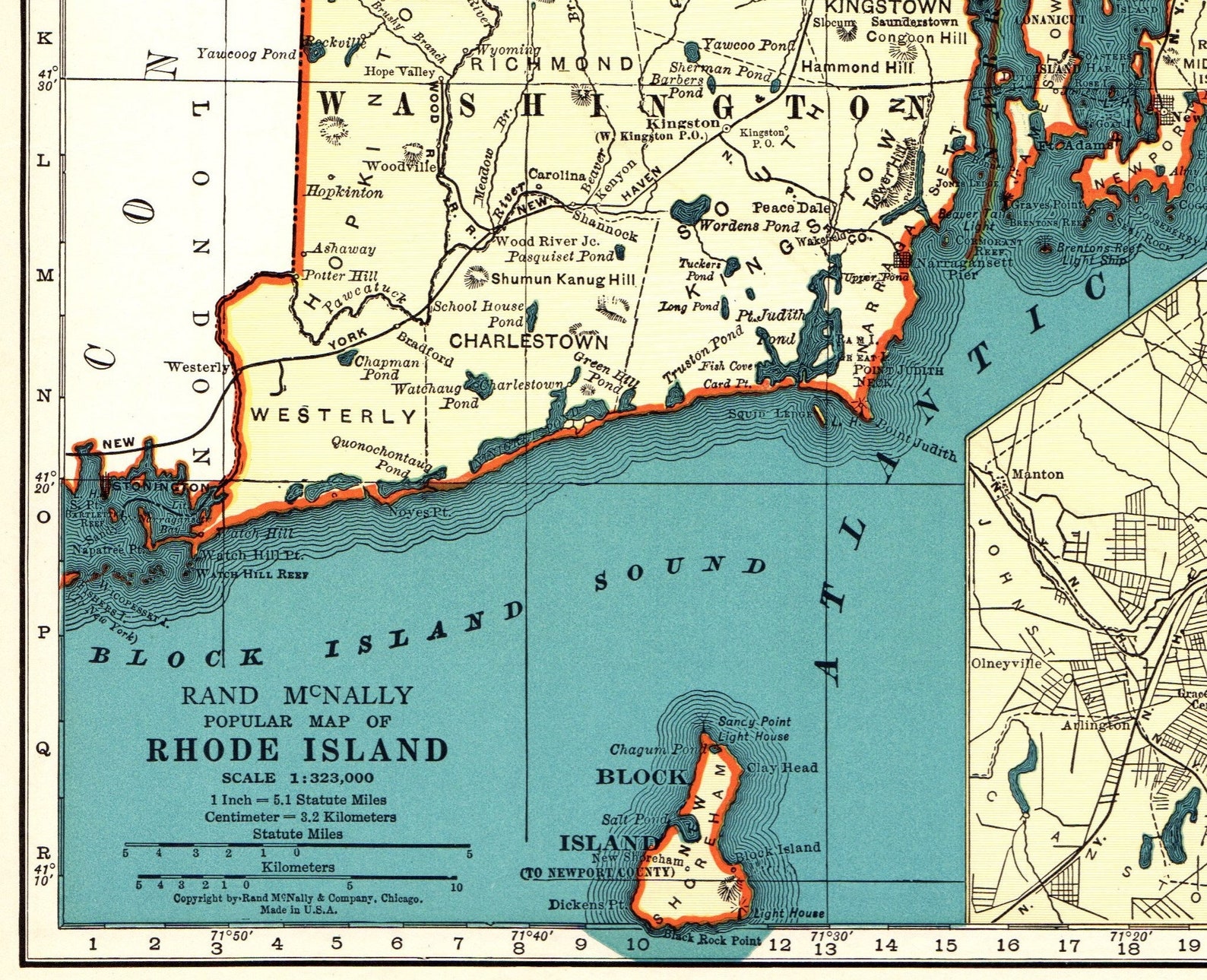 1939 Antique RHODE ISLAND State Map Vintage Map of Rhode | Etsy