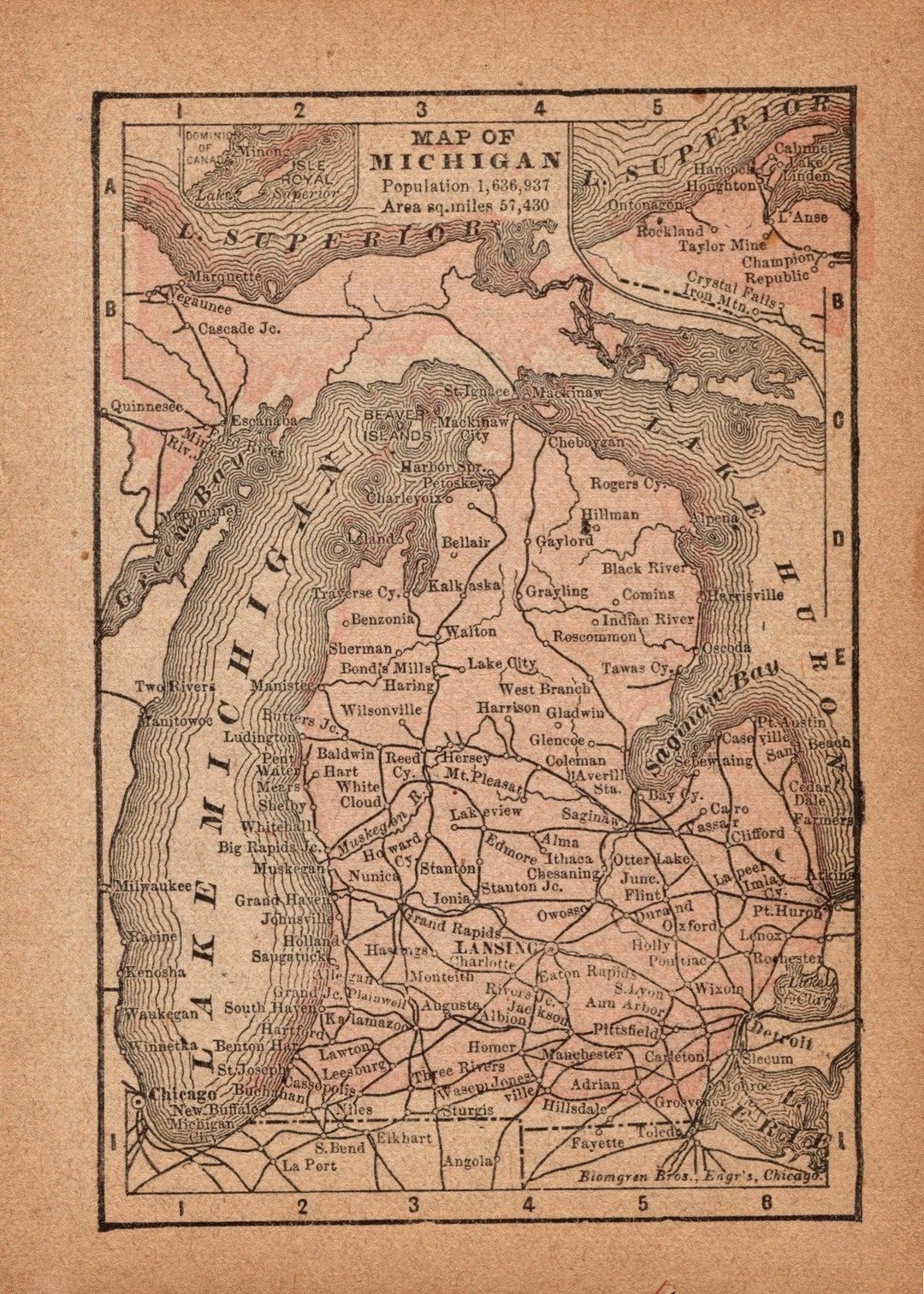 1888 Tiny MICHIGAN Map Vintage State Map of Michigan Miniature Map ...