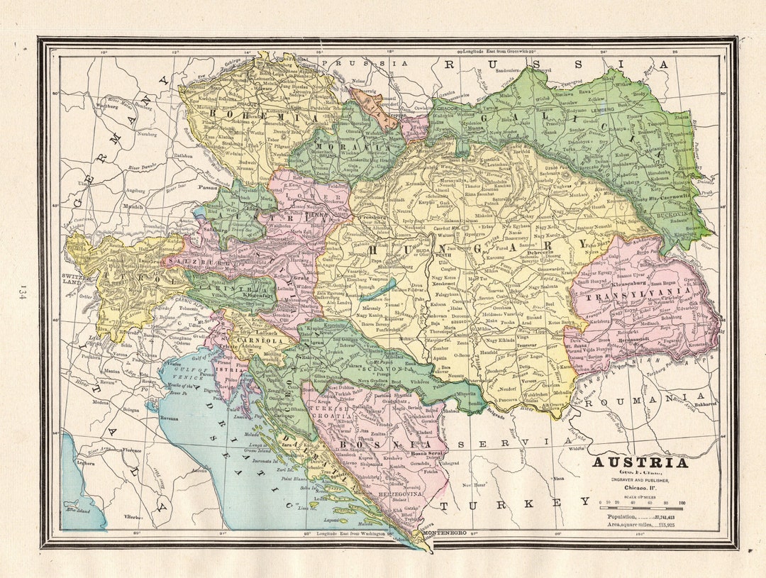 1889 Antique Austria Map George Cram Map of Austria Hungary Bosnia ...