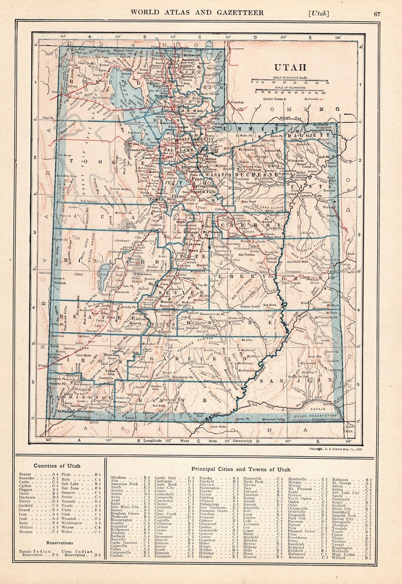 1921 Antique UTAH State Map Vintage Map of Utah Gallery Wall - Etsy