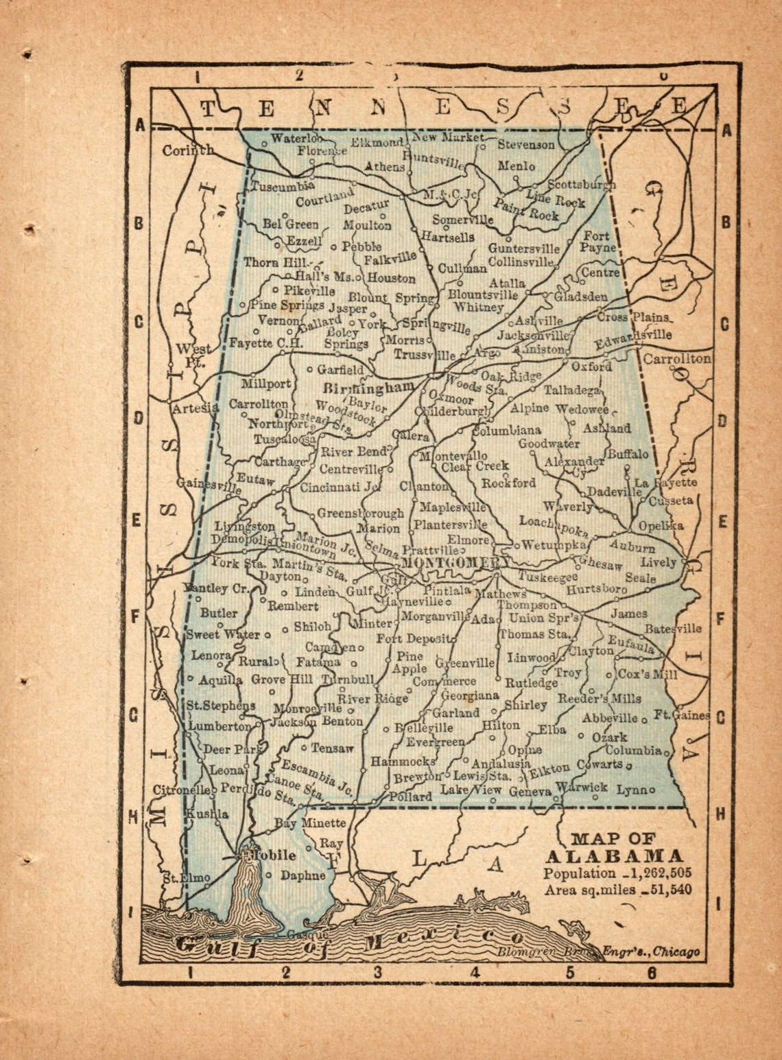 1888 Tiny ALABAMA State Map Vintage Miniature Map of Alabama | Etsy
