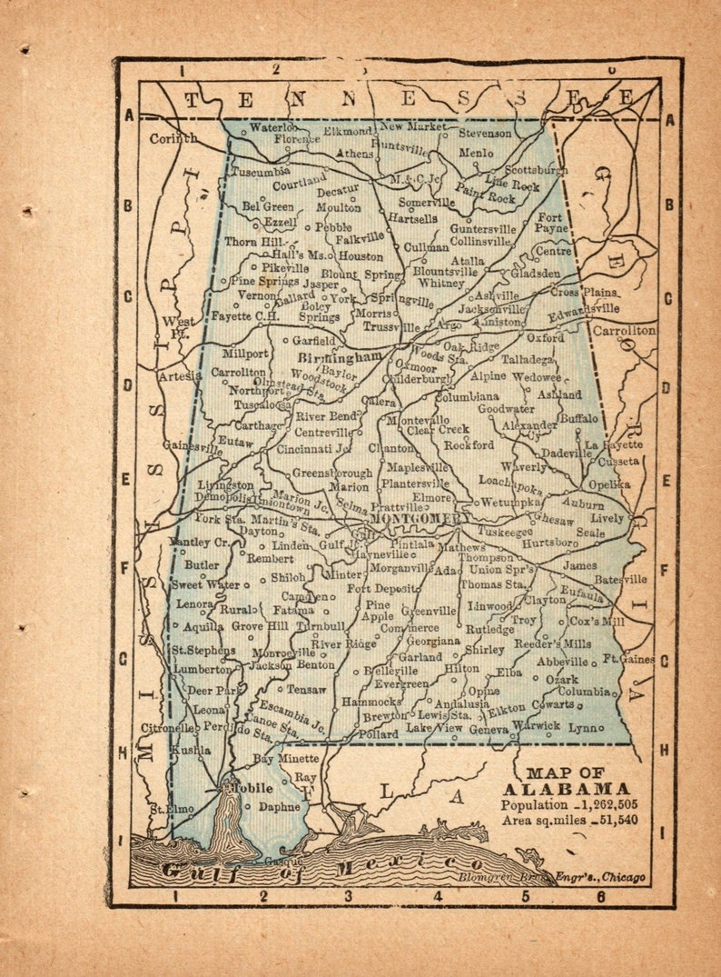 1888 Tiny ALABAMA State Map Vintage Miniature Map of Alabama | Etsy