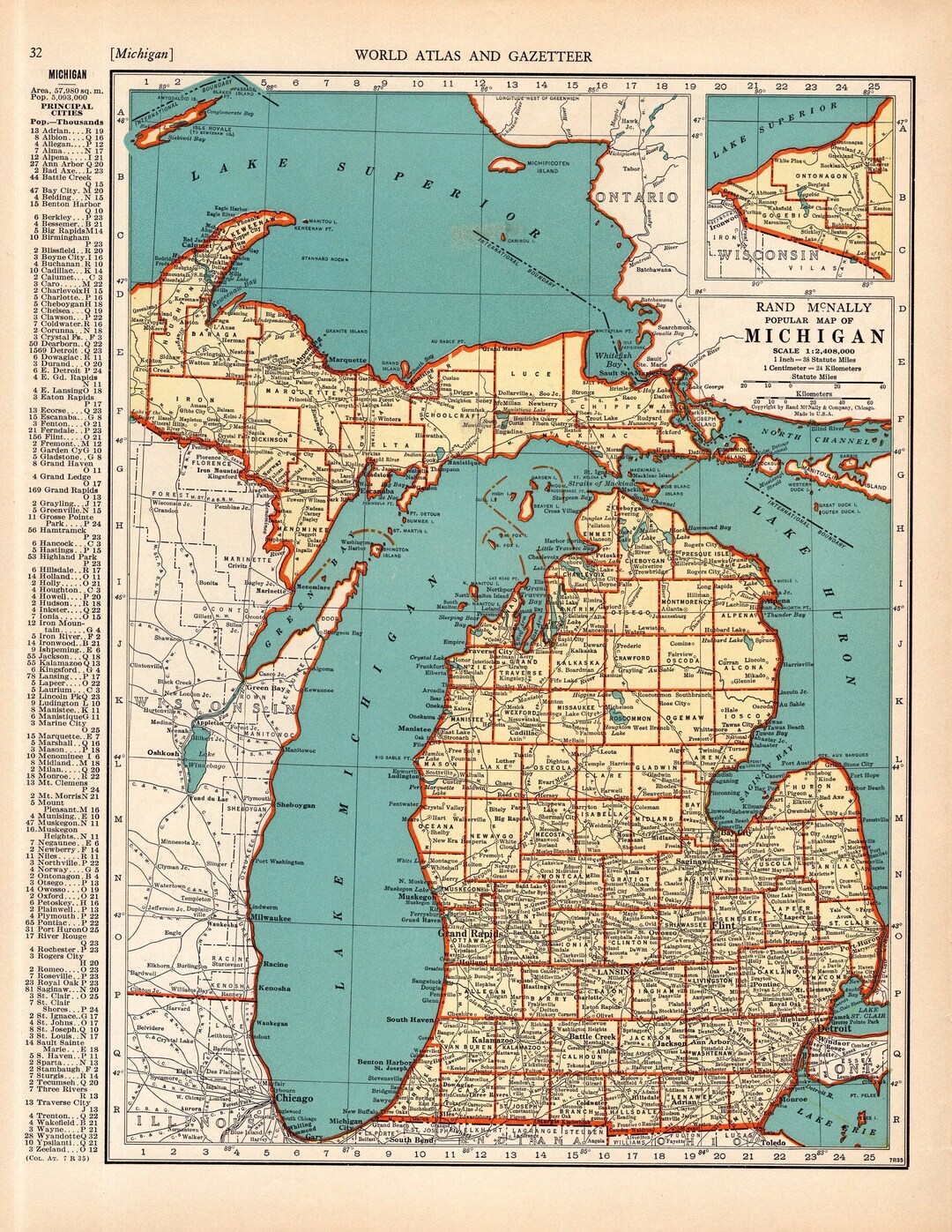 1937 Antique MICHIGAN State MAP Vintage Map of Michigan Gallery Wall Decor Gift for Wedding ...