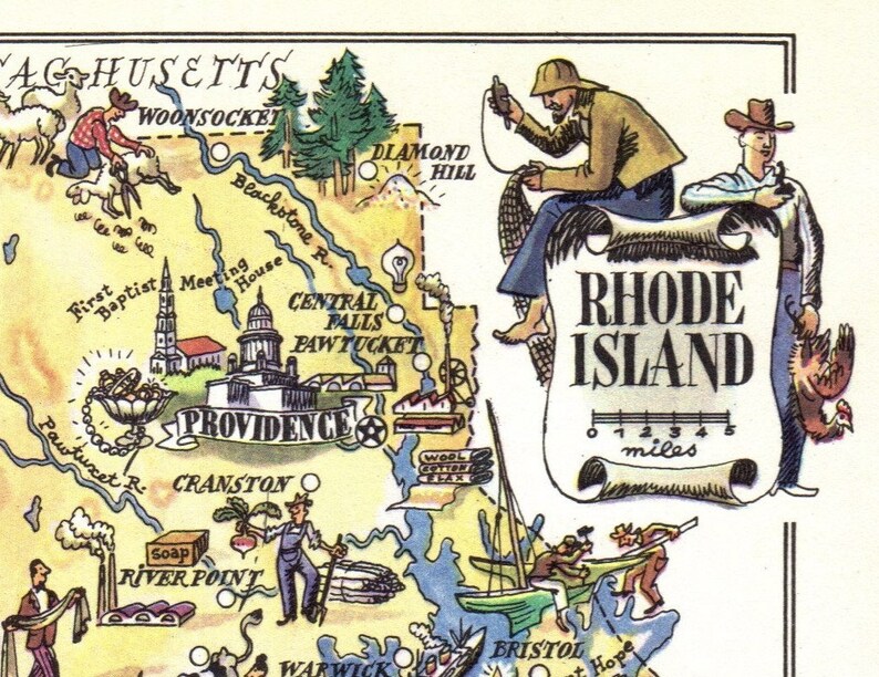 1950s Vintage RHODE ISLAND Picture Map Animated Map of Rhode - Etsy