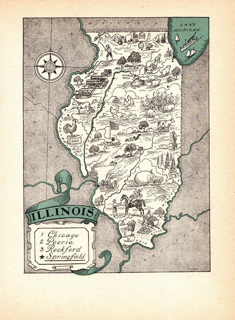 1930s Antique Illinois Picture Map Vintage Map of Illinois - Etsy