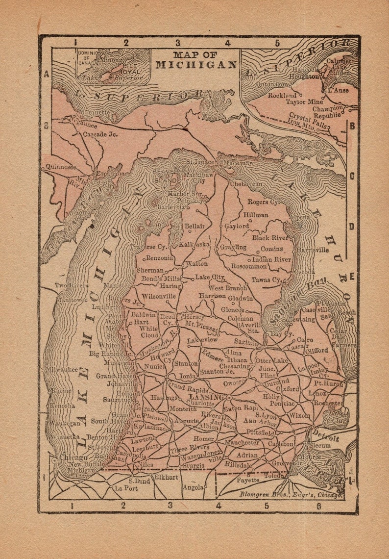 1888 Tiny MICHIGAN Map Vintage State Map of Michigan Miniature - Etsy