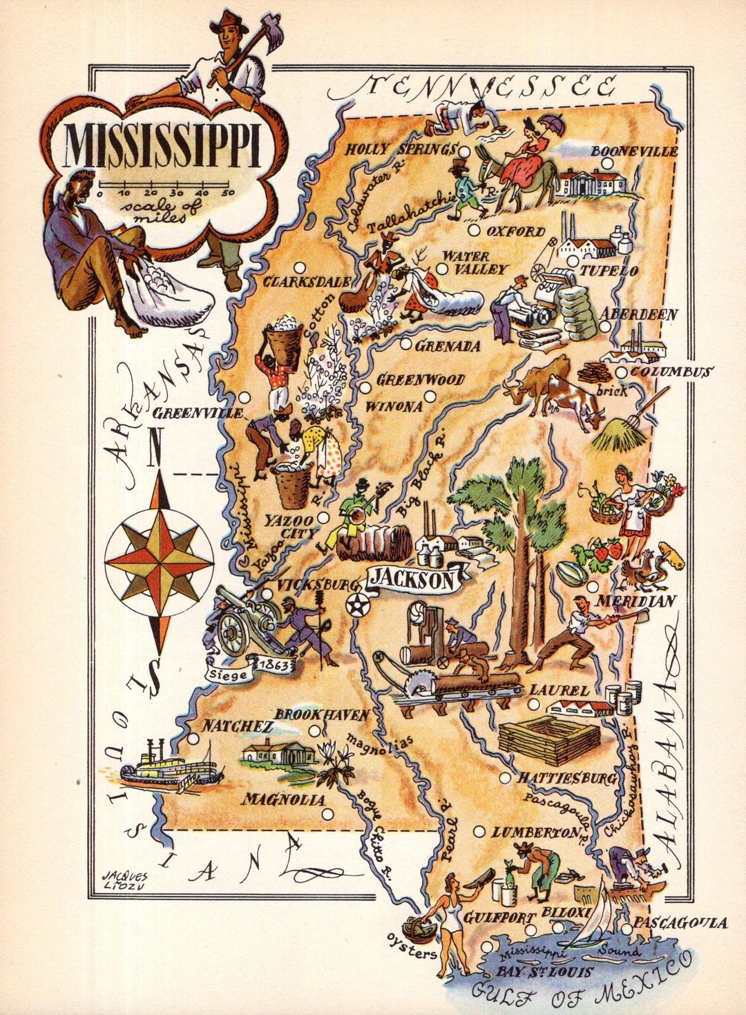 1950s Animated MISSISSIPPI Picture Map Vintage Jacques Liozu Cartoon ...