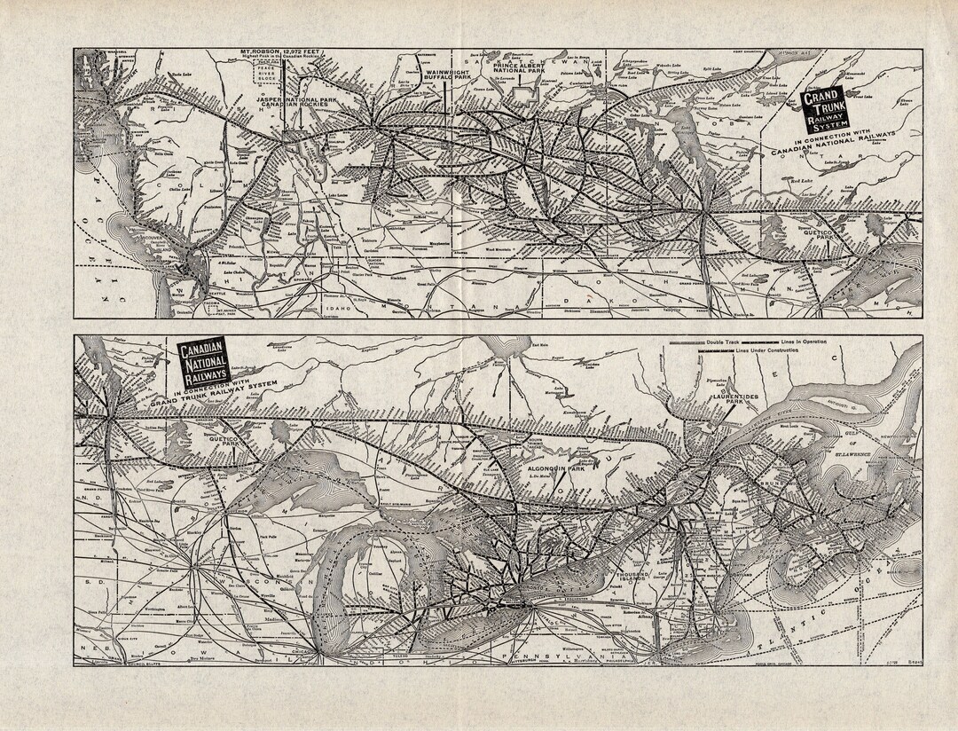 1928 Antique CANADIAN NATIONAL Railroad Map Vintage GRAND Trunk Railway ...