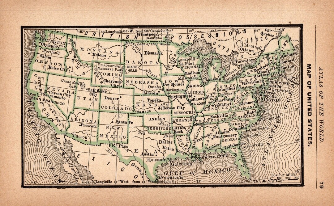 1888 Tiny UNITED STATES Map Miniature Vintage Usa Map of the United ...