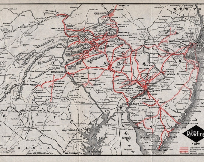 1923 Antique READING RAILWAY Map Central Railroad of New Jersey Map ...