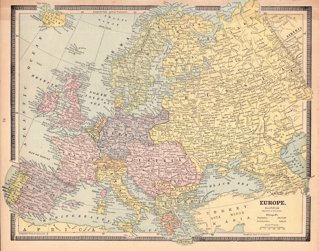 1886 Antique Europe Map George Cram Atlas Map of Europe Gallery Wall ...