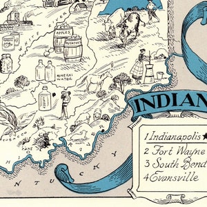 Rare Indiana Picture Map 1930s Animated Blue State Map of - Etsy