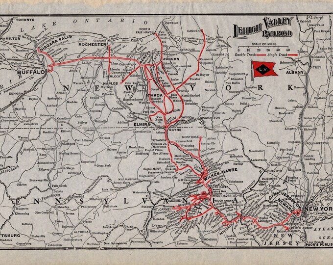 1920 Antique Lehigh Valley Railroad Map Vintage Pennsylvania Railway ...