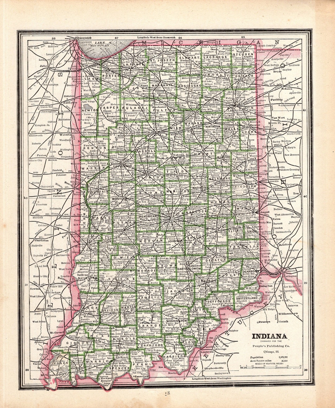 1888 Antique Indiana State Map George Cram Atlas Map of Indiana Gallery ...