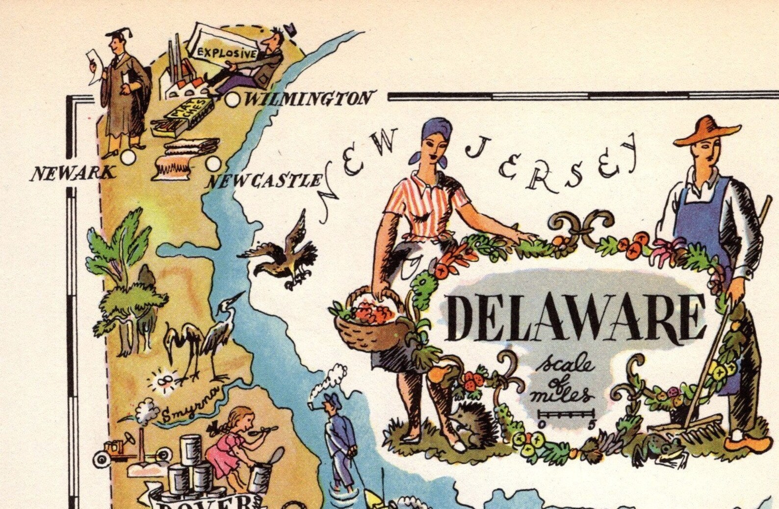 1950s Vintage DELAWARE Picture Map Wall Art Decor Animated Map of ...