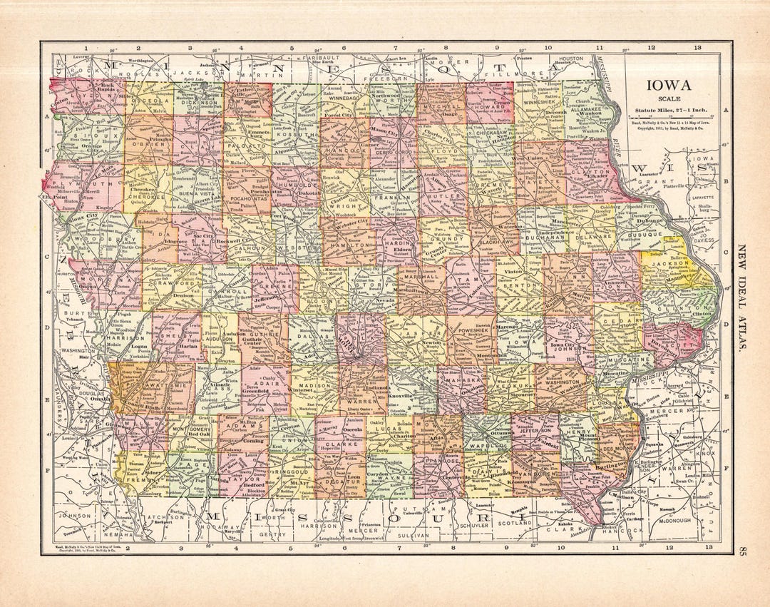 1911 Antique Iowa State Map Wall Decor Rand Mcnally Atlas Map of Iowa ...