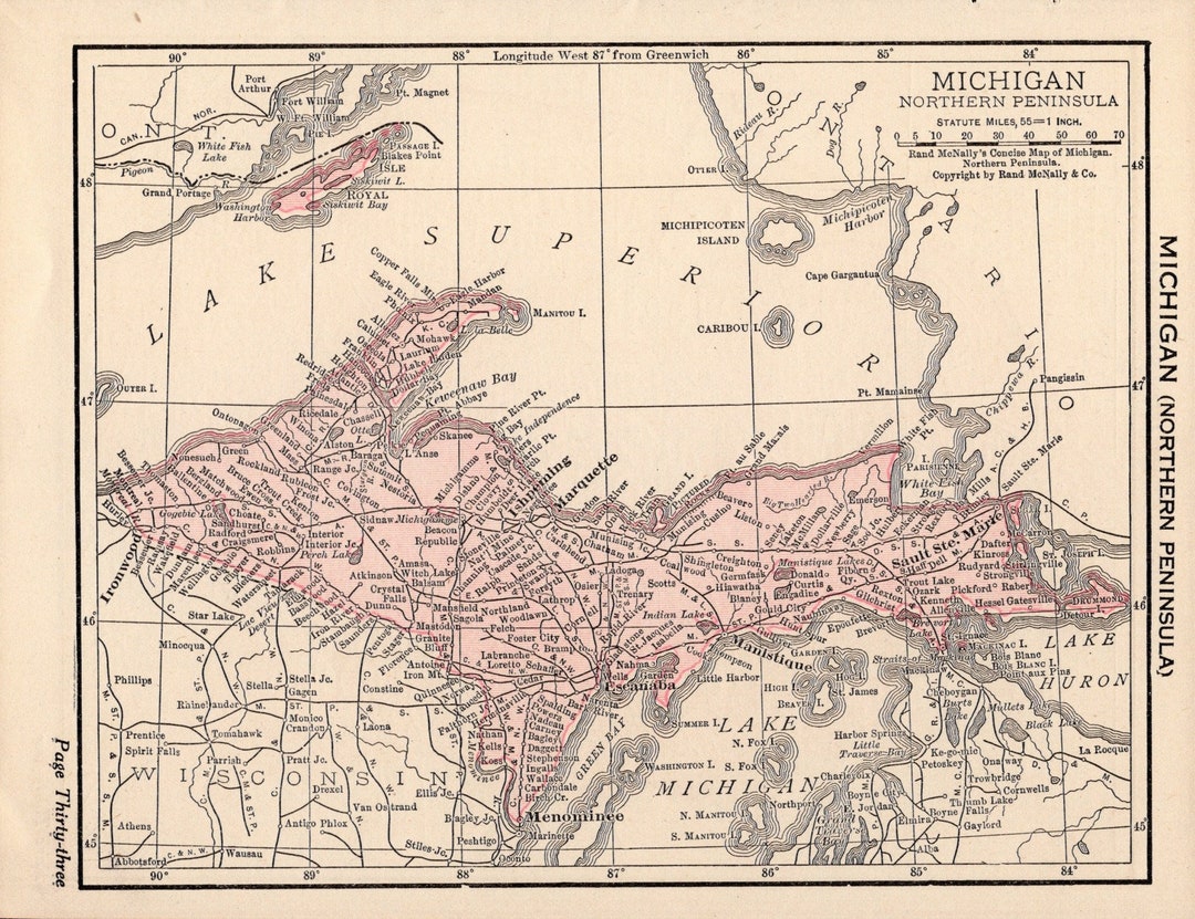1923 Antique Northern Peninsula Map of Upper Peninsula Michigan State ...
