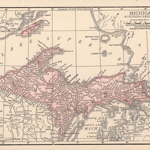 1923 Antique Northern Peninsula Map of Upper Peninsula Michigan State ...