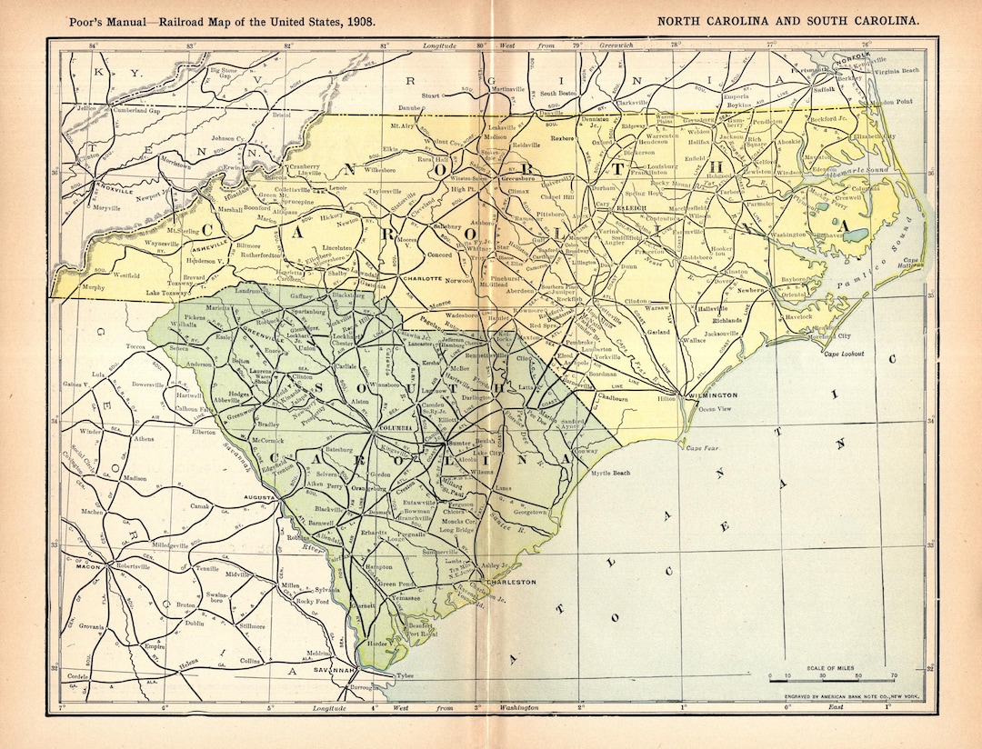 1908 Antique North and South Carolina Railroad Map Atlantic Coast Line ...
