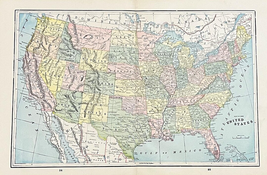 1895 Antique UNITED STATES Map of the Usa Map George Cram Atlas Map ...