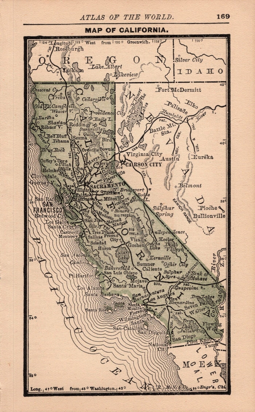 1888 Tiny CALIFORNIA State Map Antique MINIATURE Map of California ...