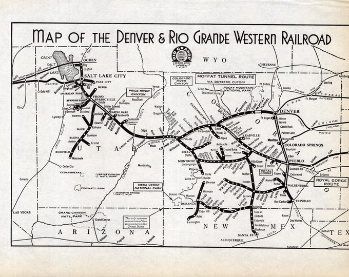 1940 Antique Denver and Rio Grande Western Railroad Map Vintage Railway ...
