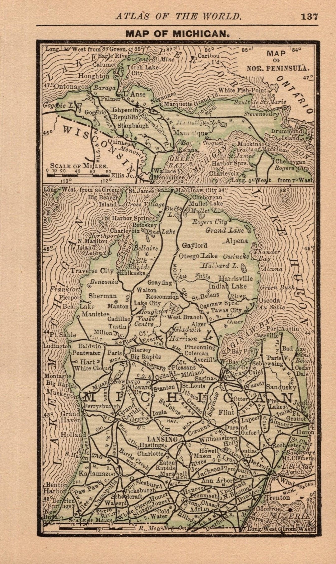 1888 Tiny MICHIGAN State Map Antique Miniature Map of Michigan Gallery ...