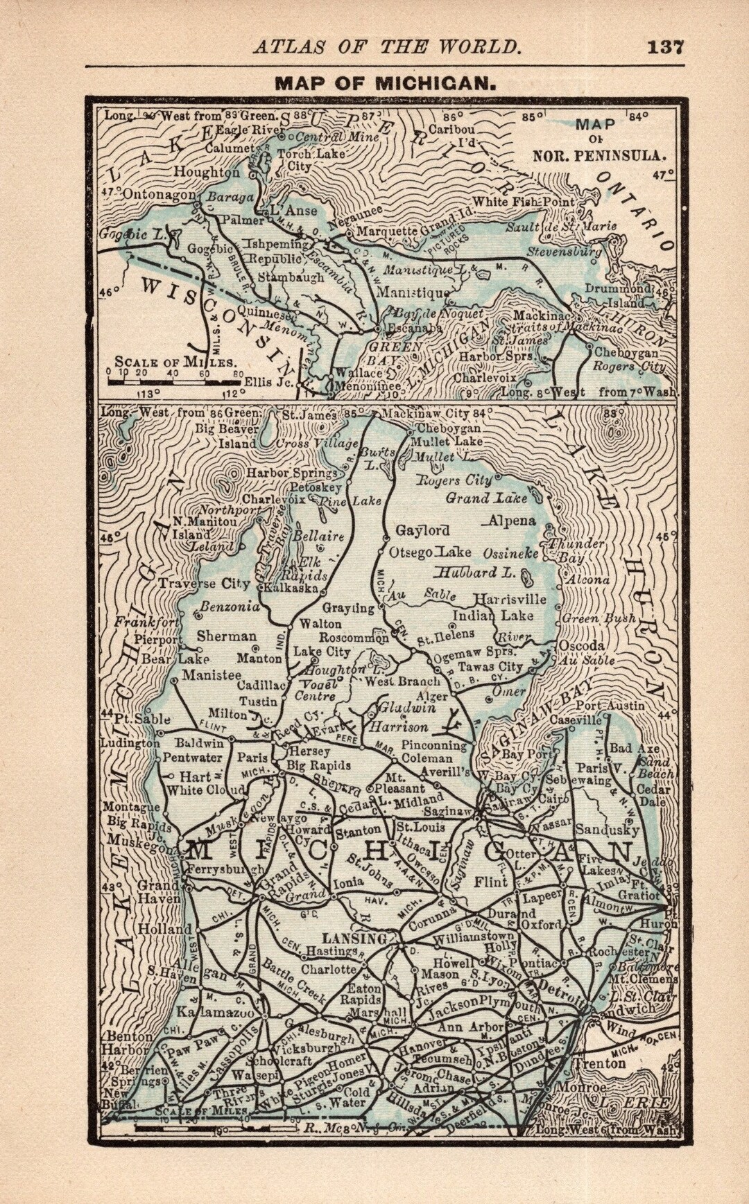 1888 Tiny MICHIGAN State Map Antique Miniature Map of Michigan - Etsy