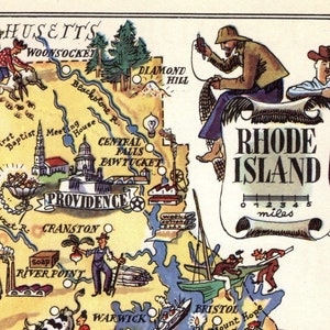 1950s Vintage RHODE ISLAND Picture Map Animated State Map of Rhode ...