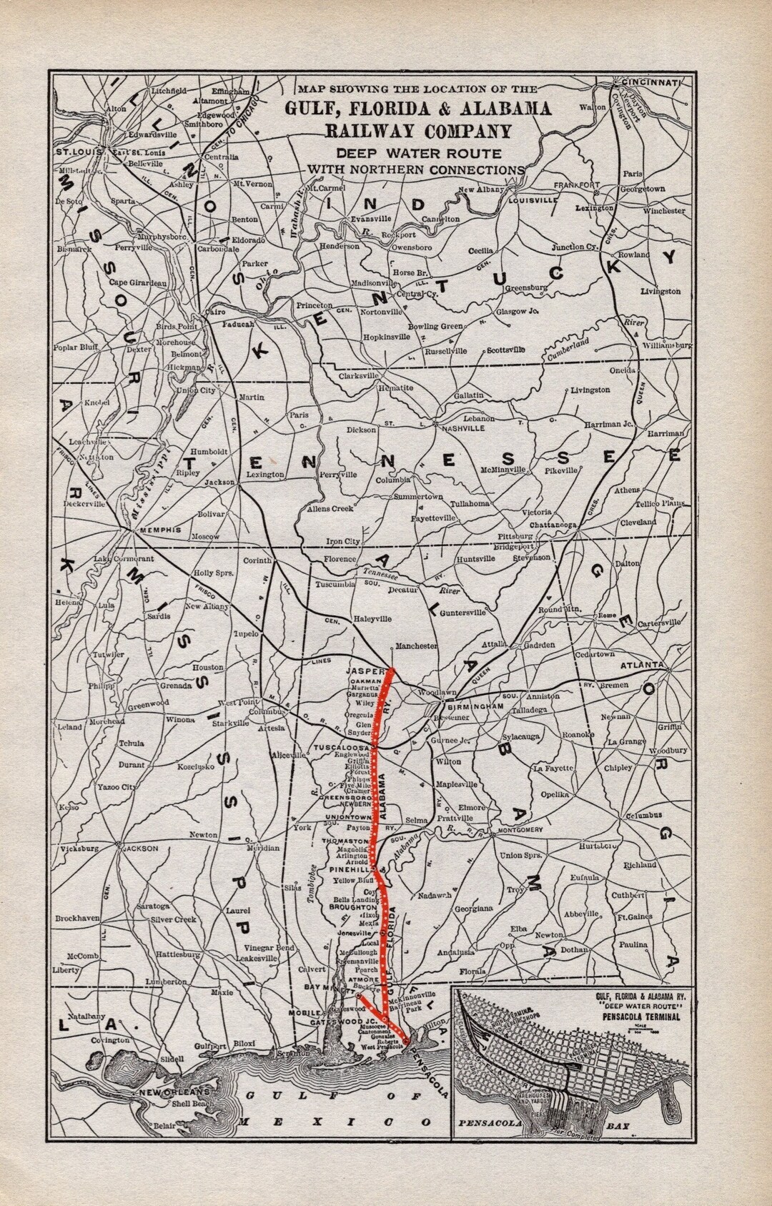 1914 Antique Gulf Florida and Alabama Railway Company Map Deep Water ...