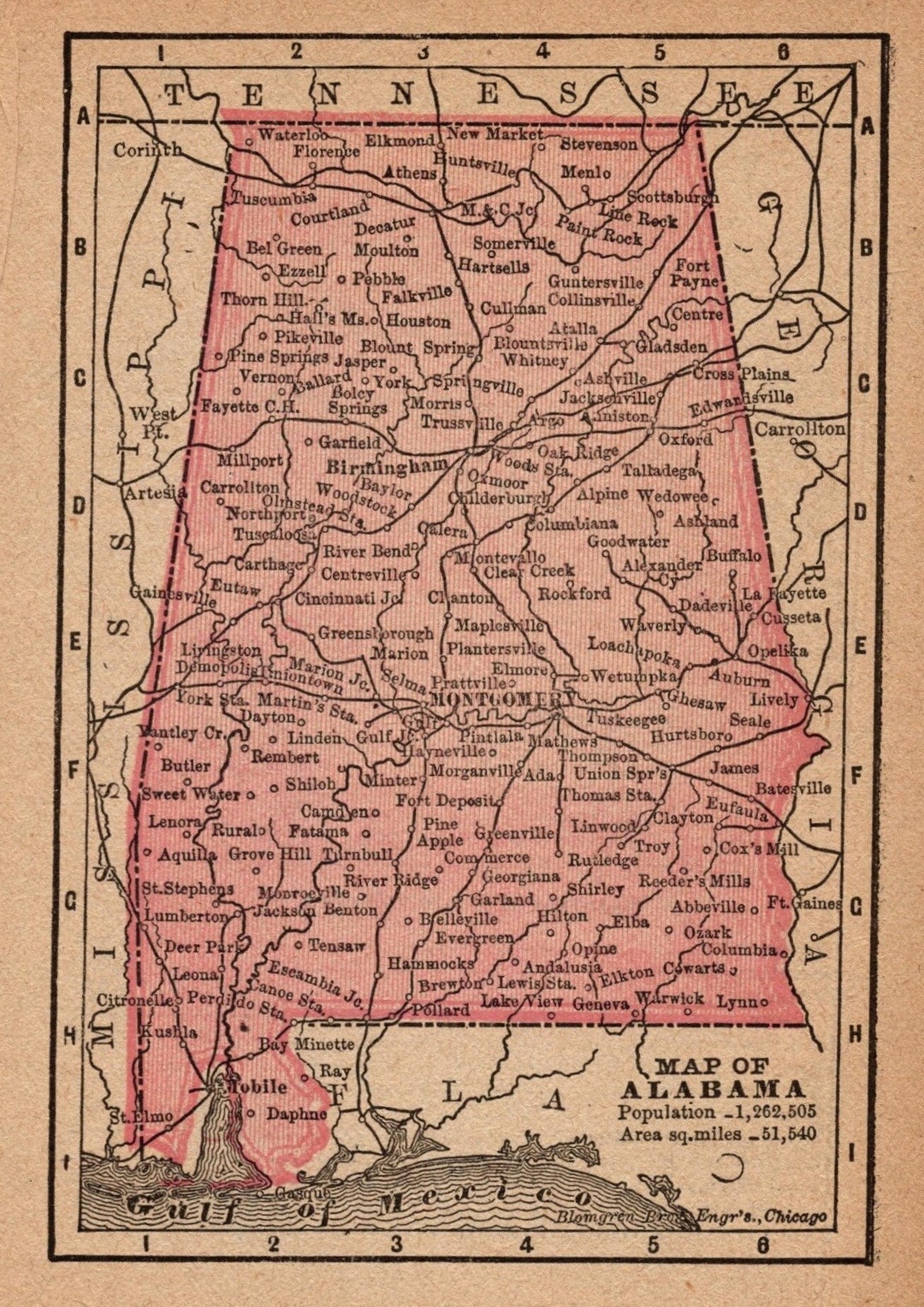 1888 Tiny ALABAMA State Map Vintage Miniature Map of Alabama Gallery ...