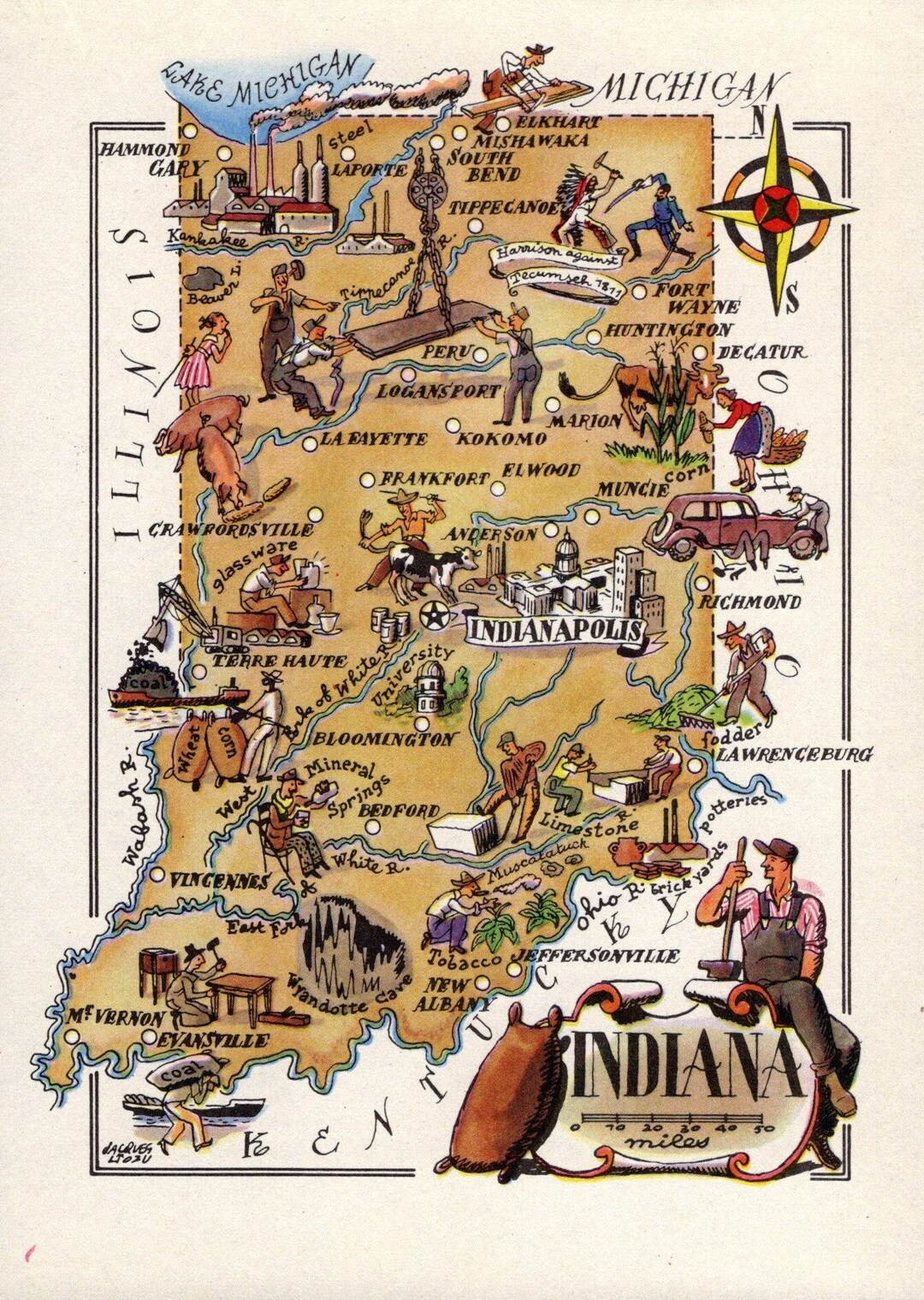 1940s Vintage INDIANA State Picture Map Animated Map of Indiana Farming ...
