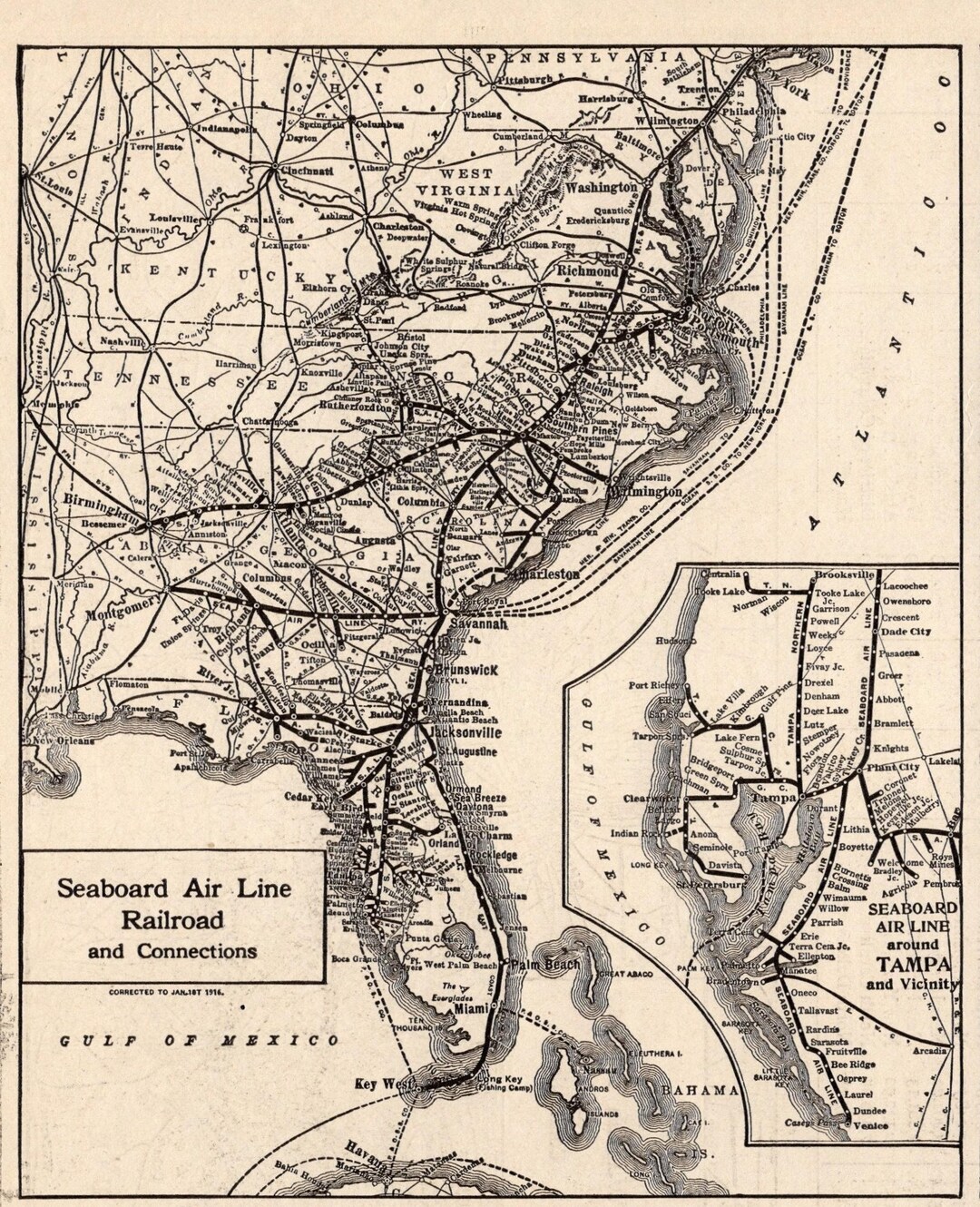 1916 Antique Seaboard Airline Railway Map Vintage Railroad Map Wall Art ...