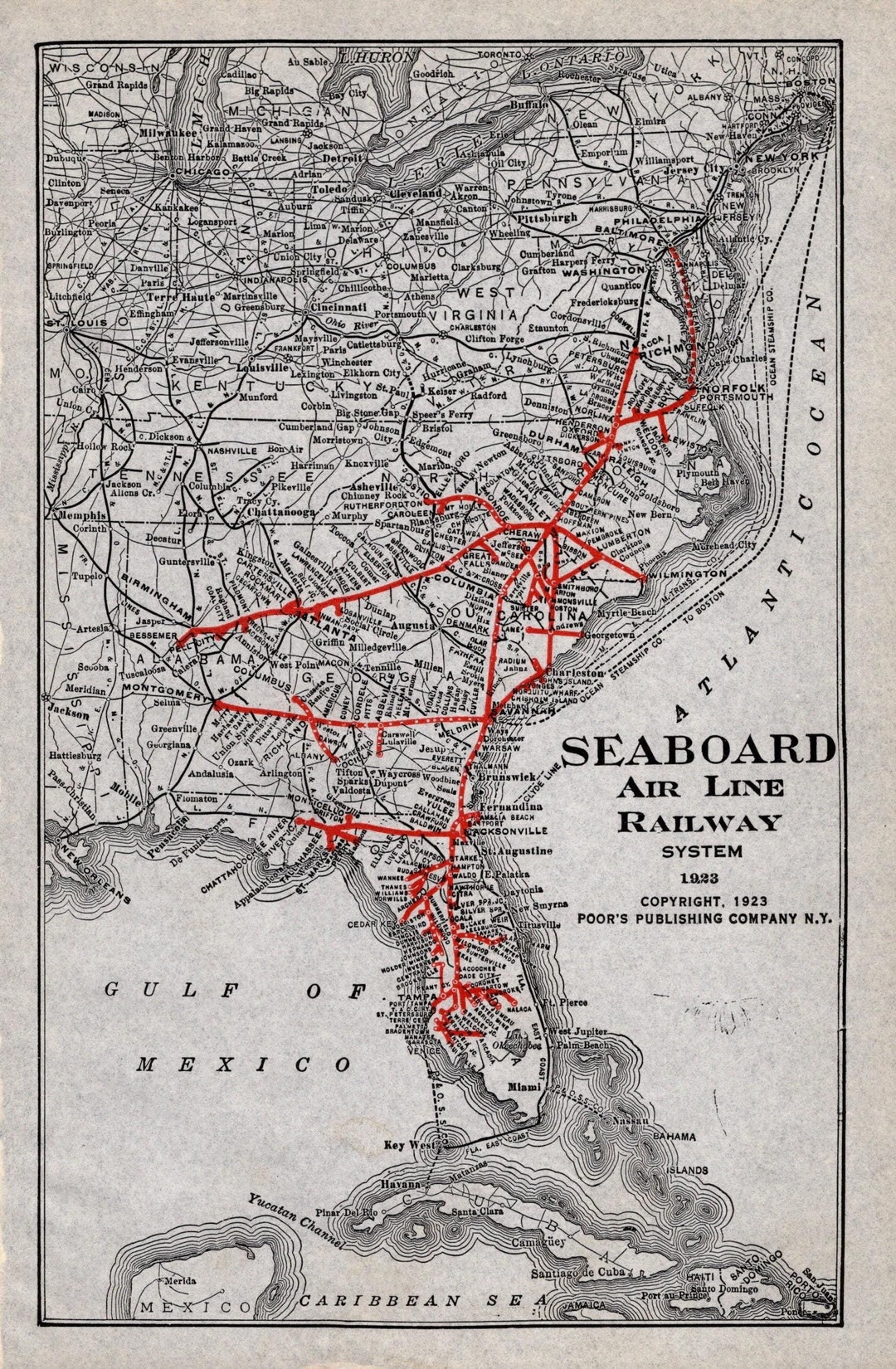 1923 Antique Seaboard Air Line Railway Map Vintage Seaboard Railroad ...