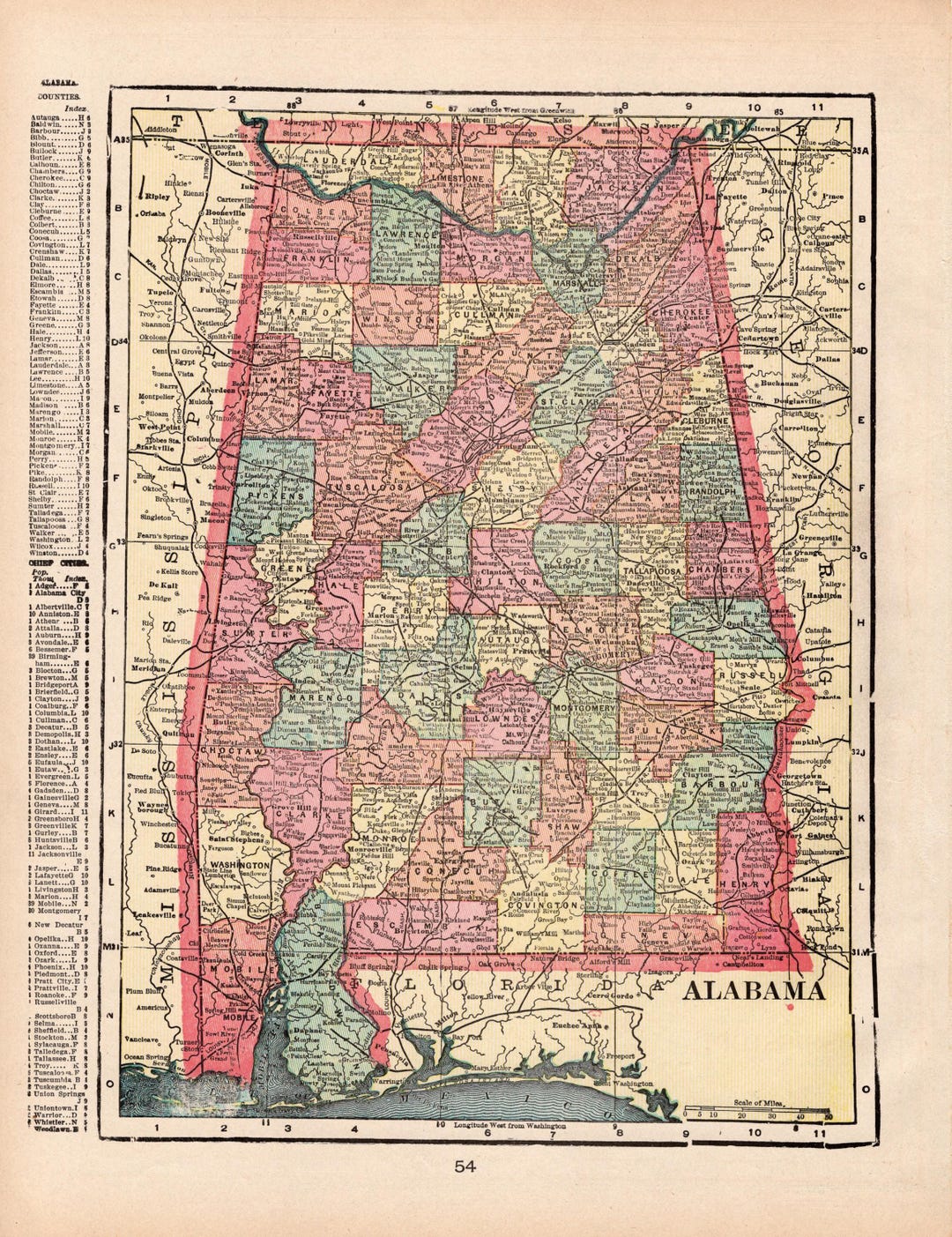 1903 Antique ALABAMA State Map George Cram Atlas Map of Alabama Gallery ...