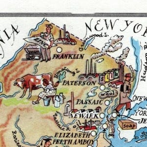 Fun NEW JERSEY State Map 1940s Vintage Picture Map of New Jersey Wall ...