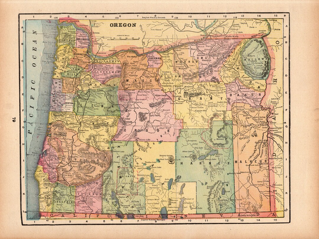 1895 Antique Oregon Map George Cram Atlas Map or Oregon Gallery Wall ...