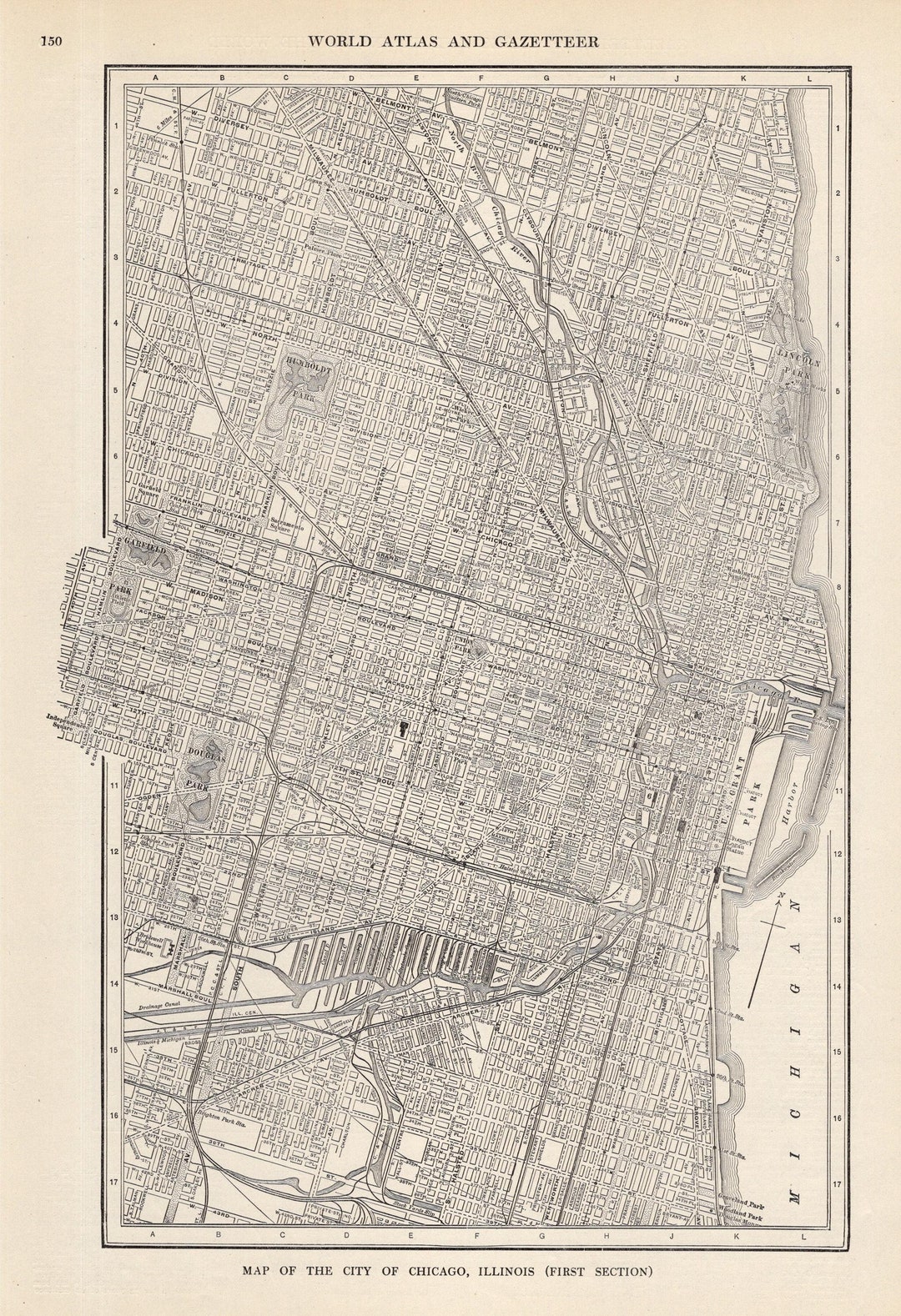 1911 Antique CHICAGO Street Map City Map of Chicago Illinois Black and ...