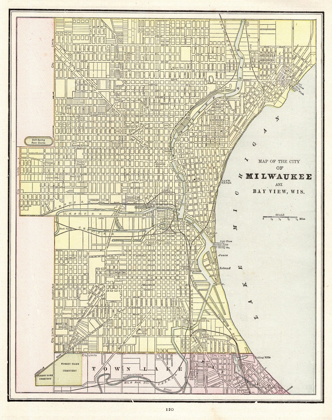 1891 Antique MILWAUKEE Street Map of Milwaukee Wisconsin City Map Wall ...